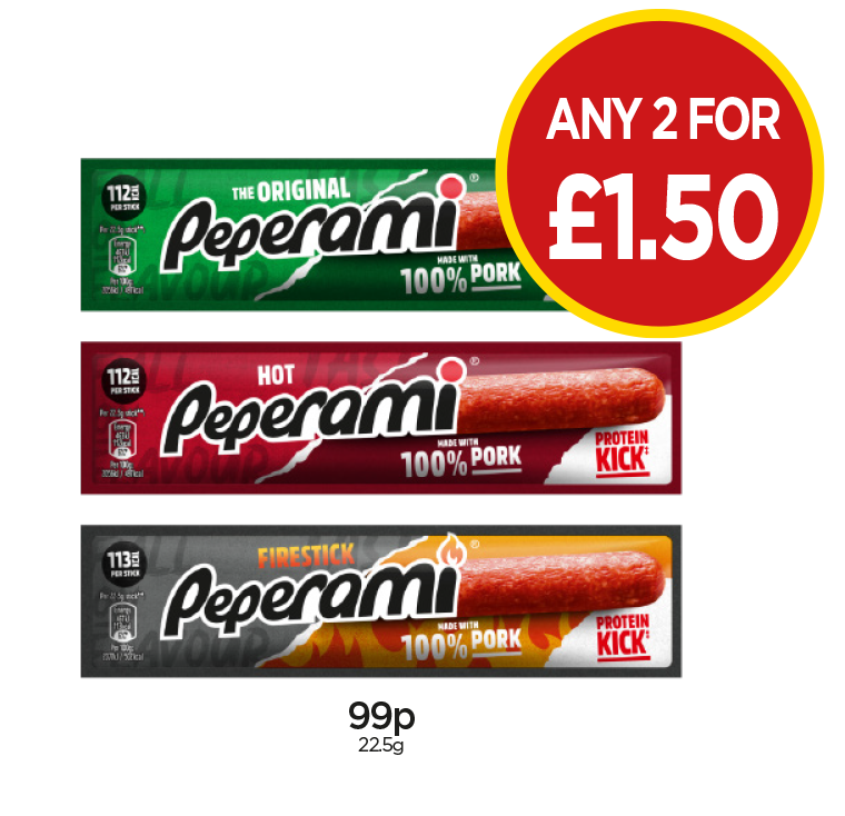 Peperami, Hot, Firestick - Any 2 for £1.50 at Budgens | Budgens.co.uk